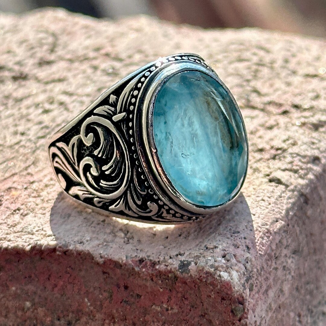 Men Silver Aquamarine Stone Ring , Natural Aquamarine Stone Ring ...