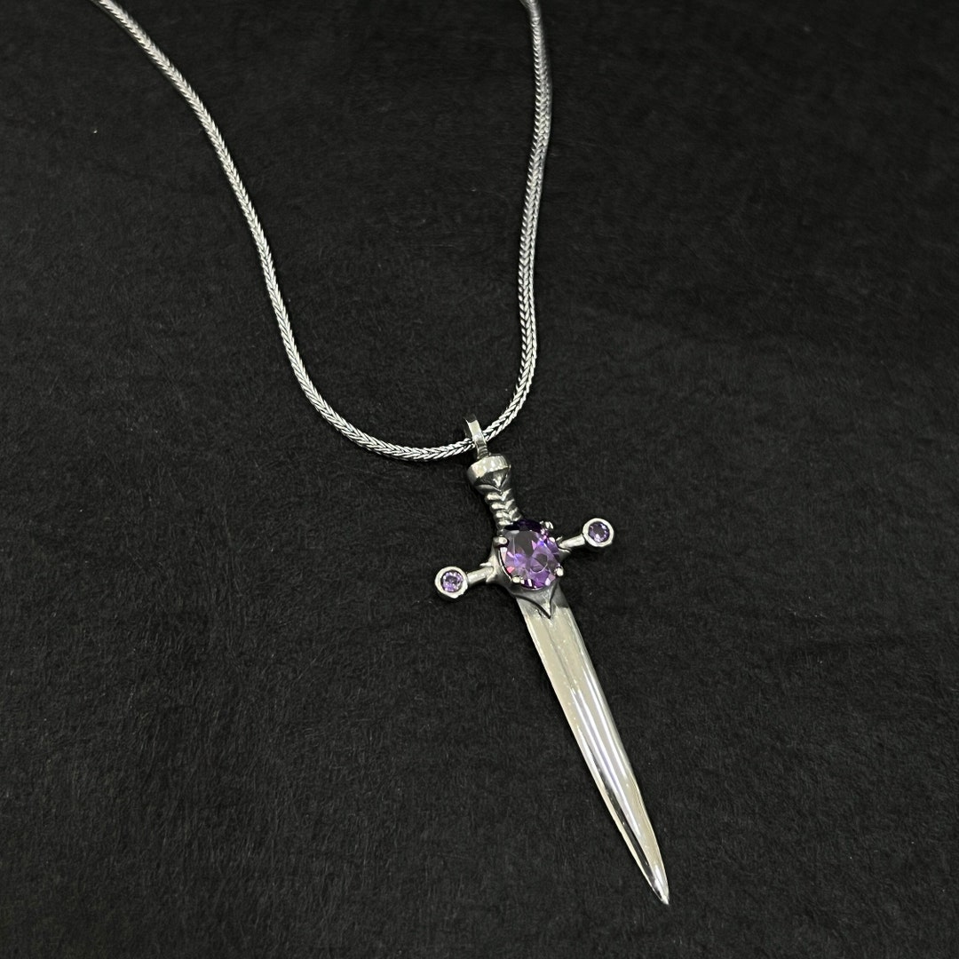 Silver Sword Pendant , Amethyst Stone Sword Necklace , Silver Warrior ...