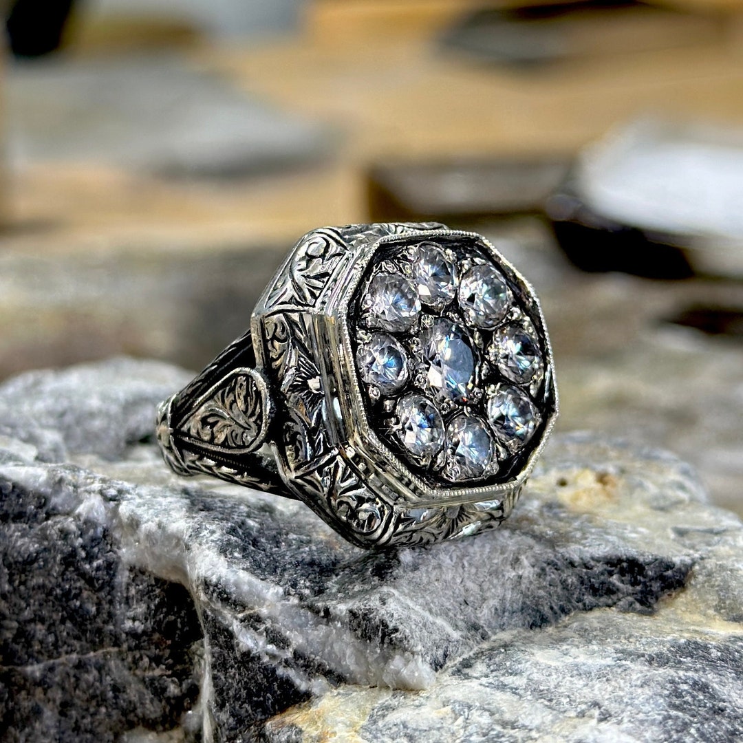 Men Handmade Ring, Men Cz Diamond Stone Engraved Ring, White Stone Men Ring, Ottoman Style ...