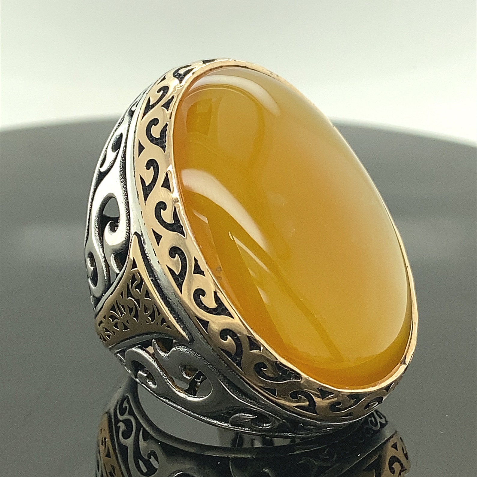 Mens Handmade Ring , Large Agate Stone Ring , Yellow Agate Stone Ring ...