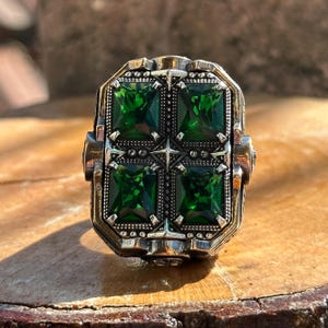 Silver Square Large Green Stone Ring , Square Emerald Stone Ring ...