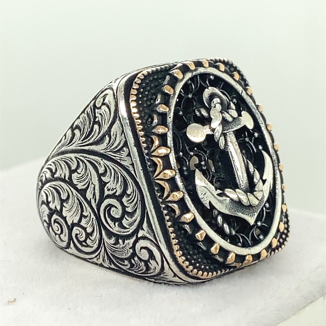 Man Silver Anchor Ring , Handmade Sailor Anchor Ring , Oxide Men's Ring ...