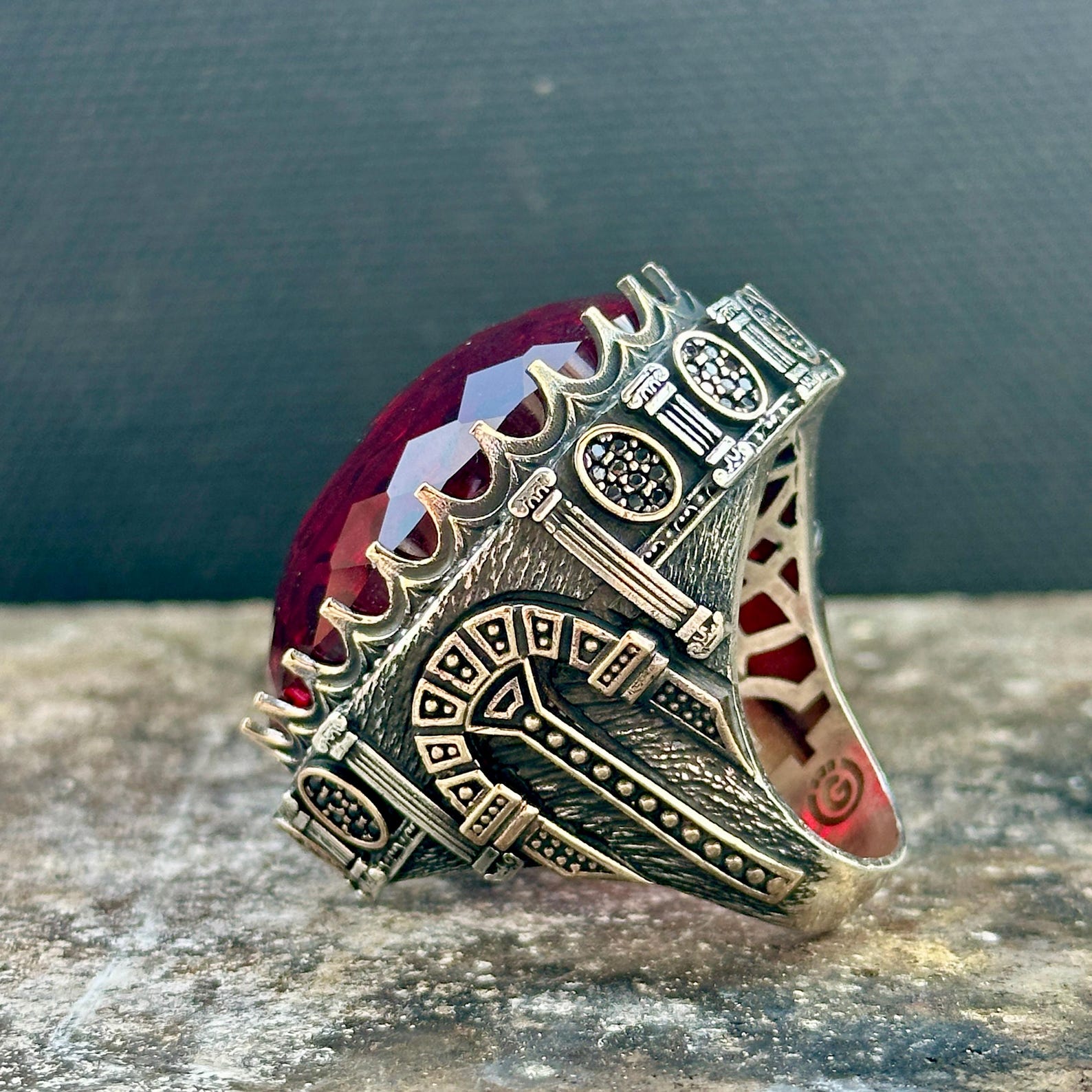 Men Silver Handmade Large Ruby Ring , Vintage Large Ottoman Style Ring ...