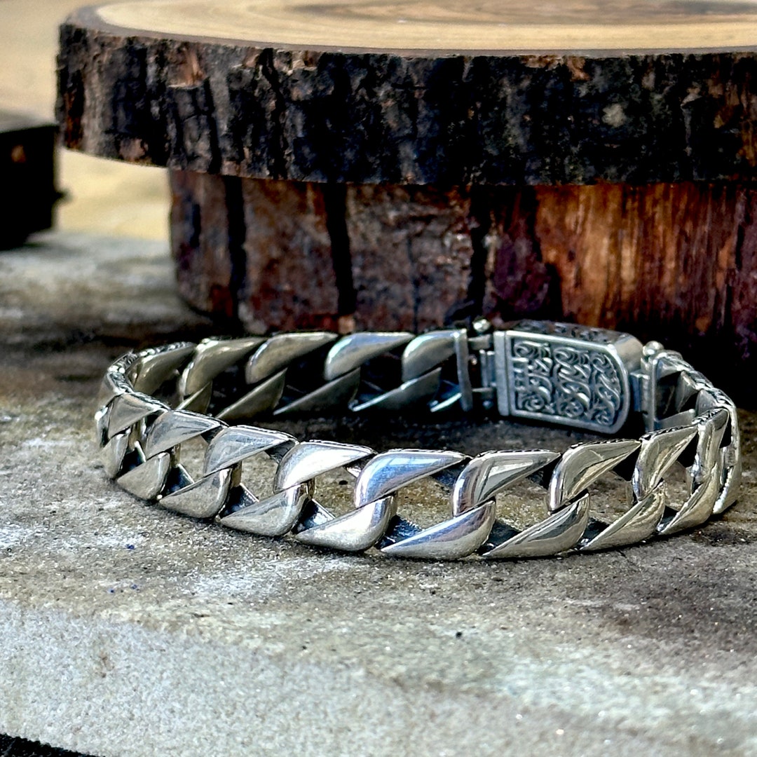 Men Chain Bracelet , Hand-engraved Silver Chain Bracelet , Gourmet Men ...