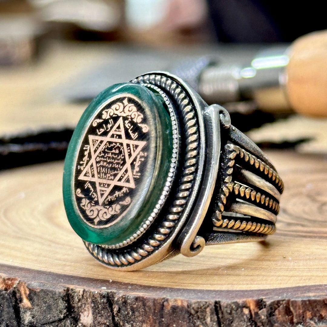 Silver Seal of Solomon Ring , Men King Solomon Ring , Emerald Gemstone ...