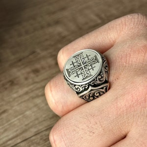 Silver Jerusalem Cross Ring, Engraved Religious Signet Ring, Handmade ...