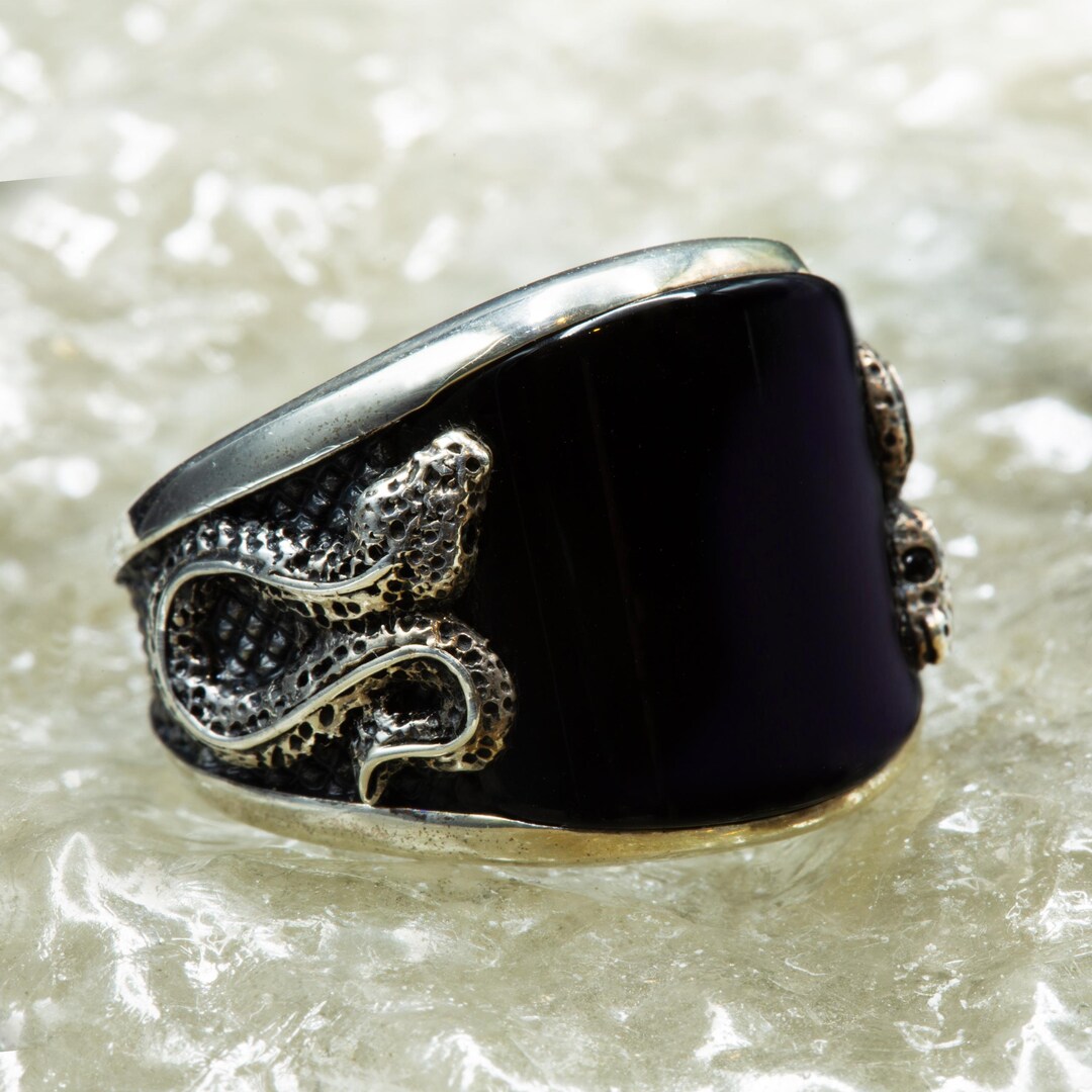 Silver Onyx Stone Serpent Ring, Snake Signet Band Ring, Snake Engraving ...