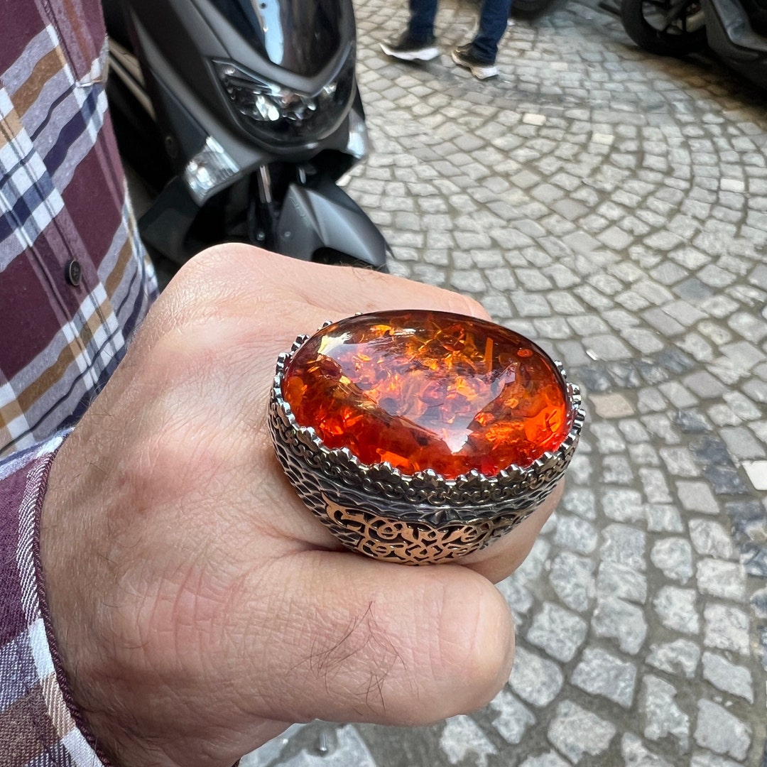 Natural Amber Stone Ring , Sterling Silver Large Amber Stone Ring ...