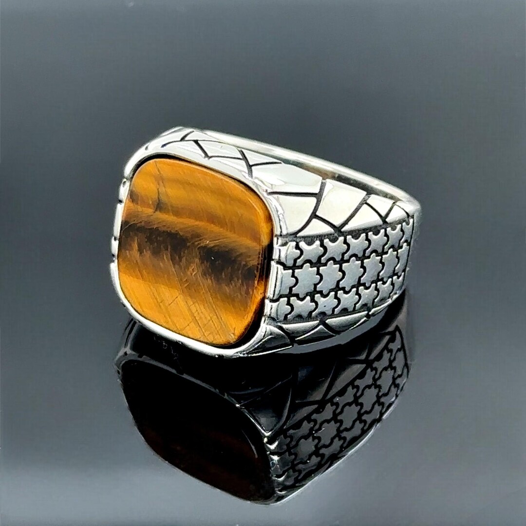 Silver Tiger Eye Stone Ring, Square Pinky Ring , Natural Brown Tiger ...