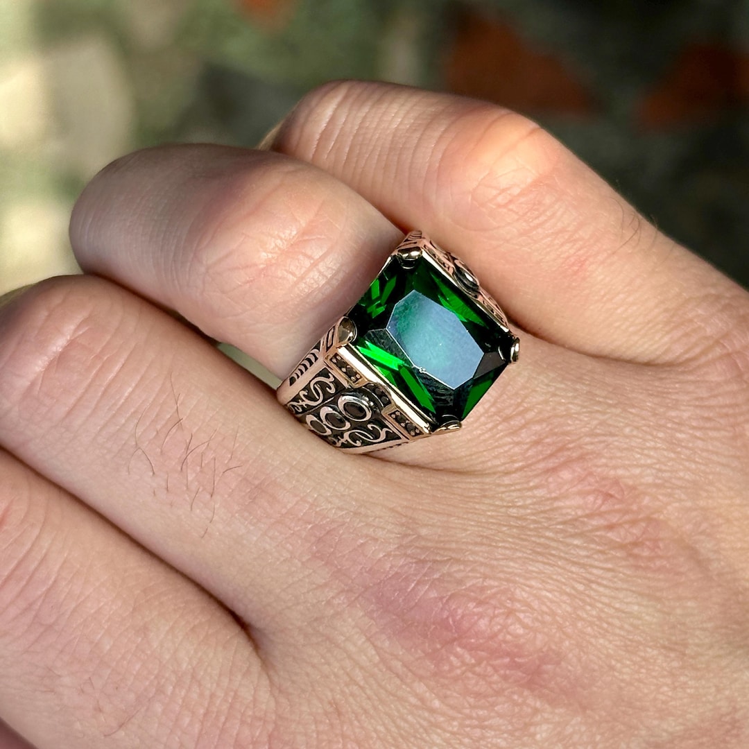Men Handmade Green Stone Ring, Silver Emerald Stone Ring , Sterling ...