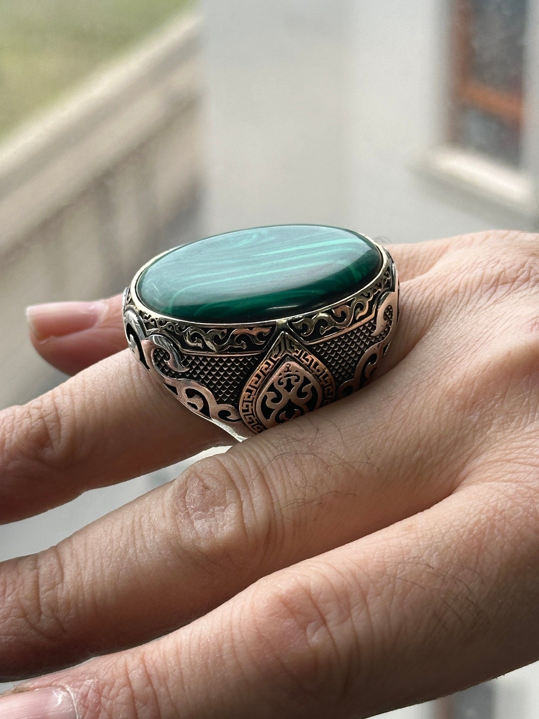 Large Ottoman Ring , Natural Malachite Stone Ring , Green Stone Ring ...