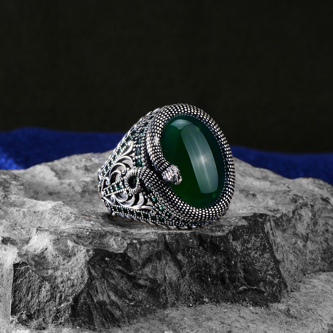 Snake Agate Stone Men's Ring, Snake Serpent Signet Ring , Green Agate ...