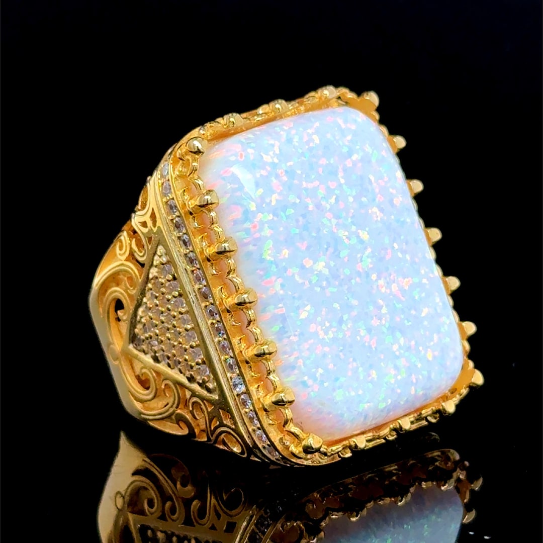 Silver Large Opal Ring, Men Gold White Opal Ring, Fire Opal Large Ring ...