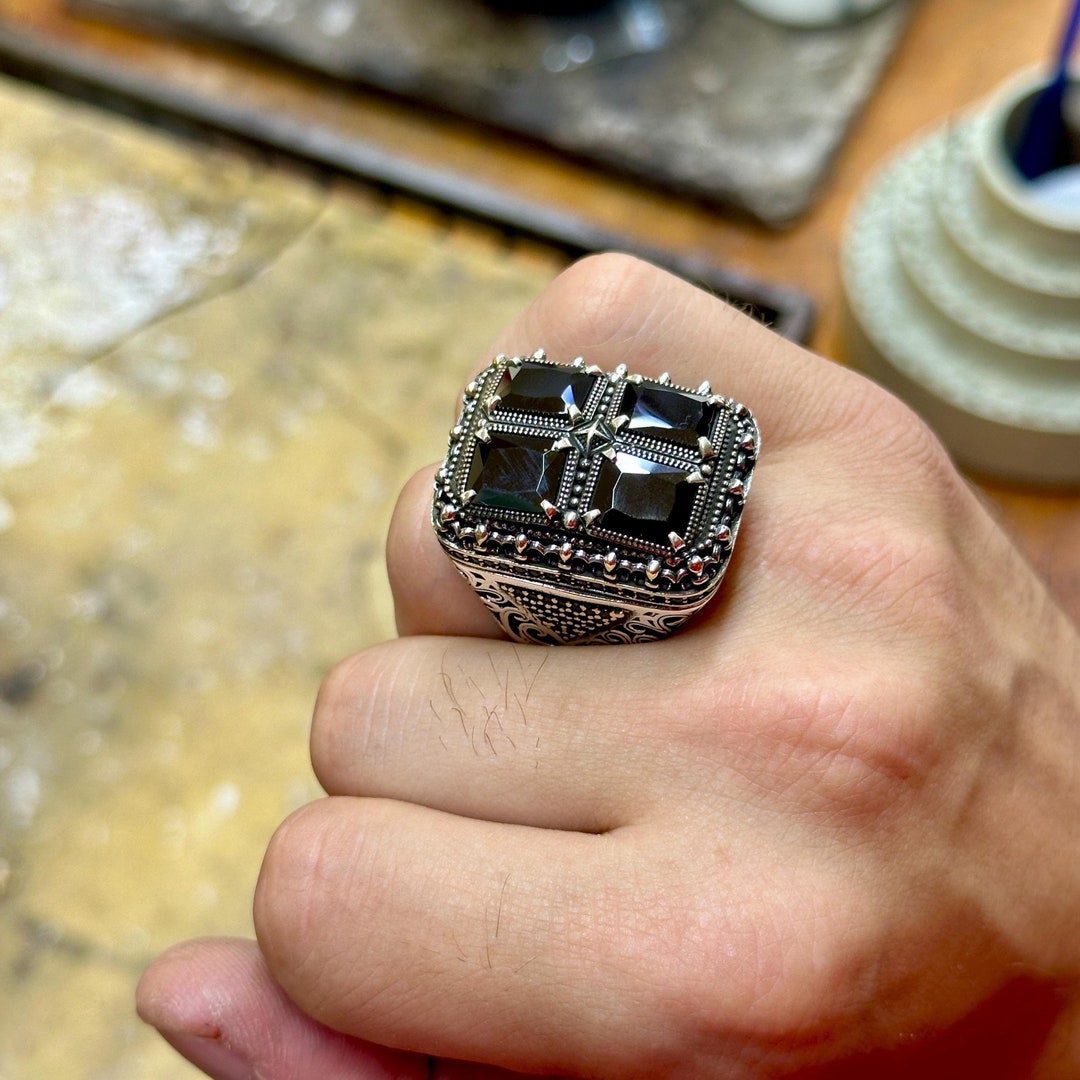 Men Silver Square Black Onyx Ring , Mens Handmade Big Ring , Men ...