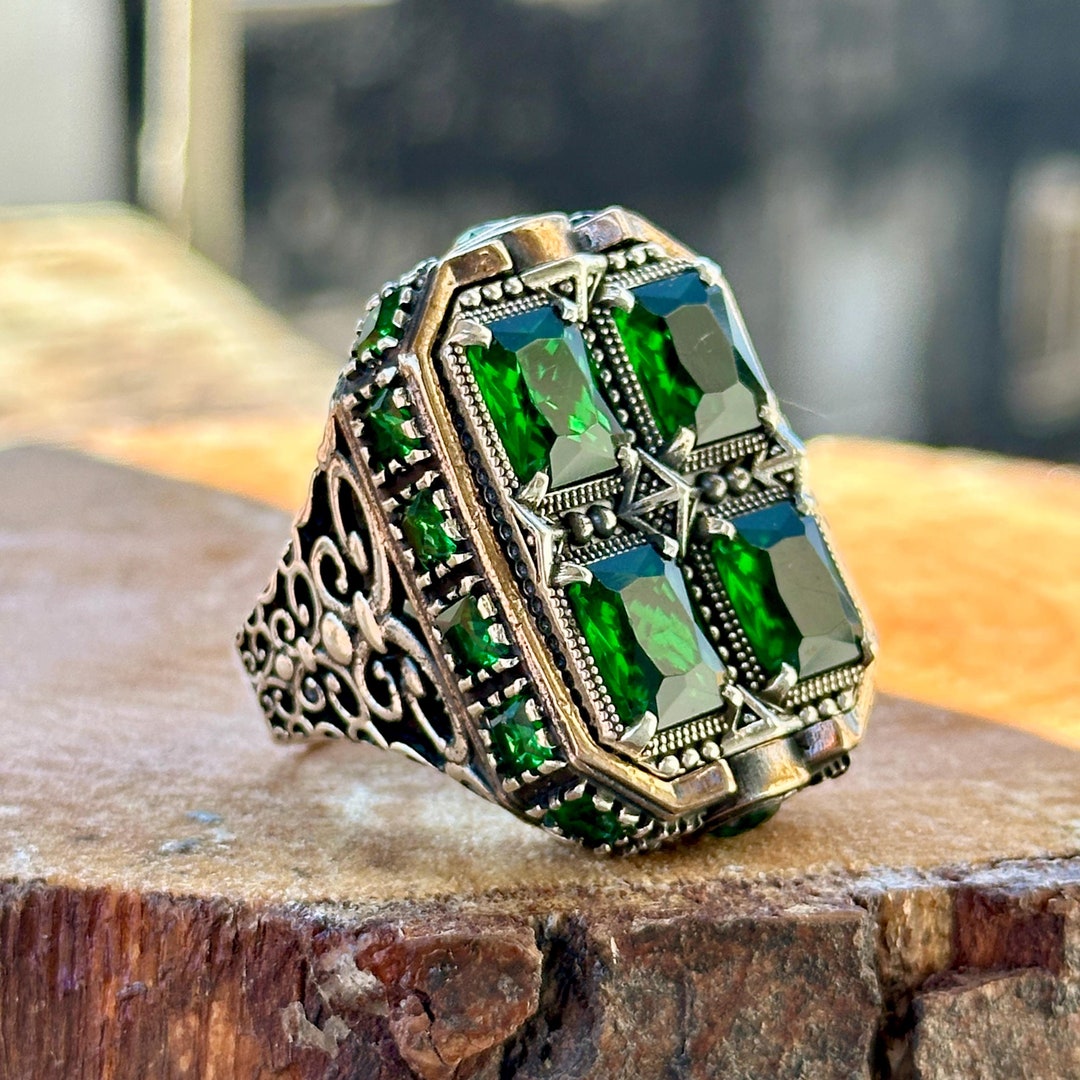 Mens Silver Large Green Stone Ring , Unique Square Emerald Stone Ring ...