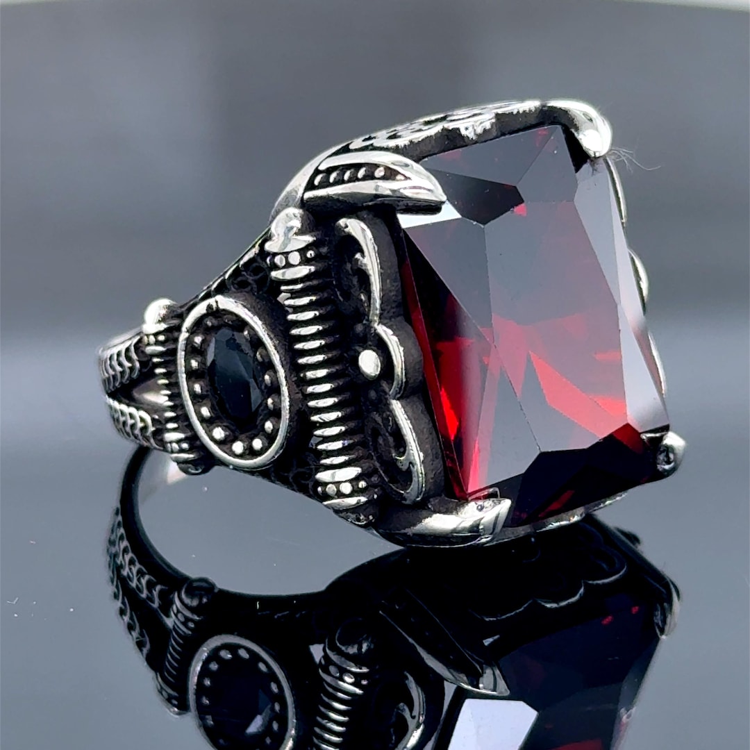 Men Silver Square Garnet Stone Ring, Red Gemstone Men Ring, Ruby Mens Ring, Turkish Handmade ...