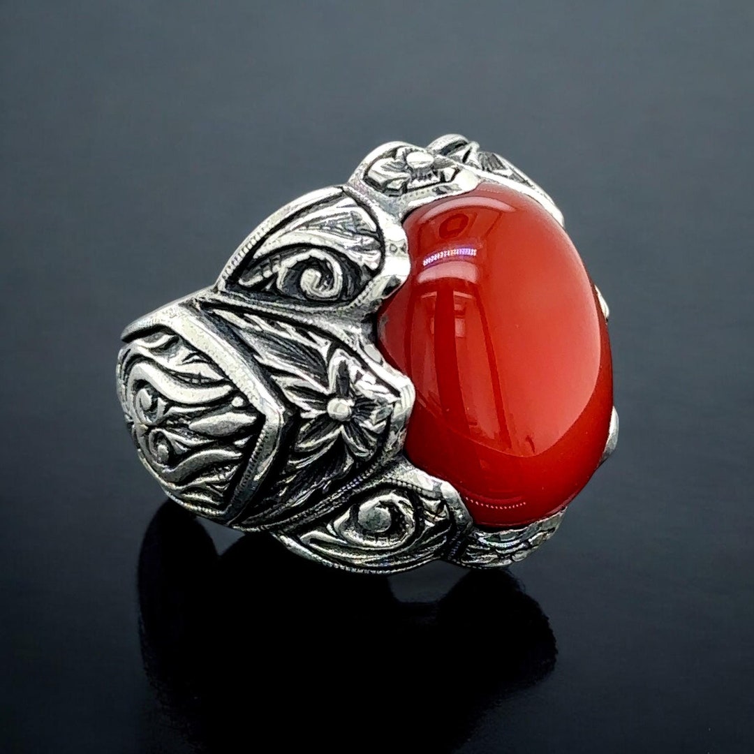 Mens Silver Red Agate Ring , Engraved Handmade Red Agate Stone Ring ...
