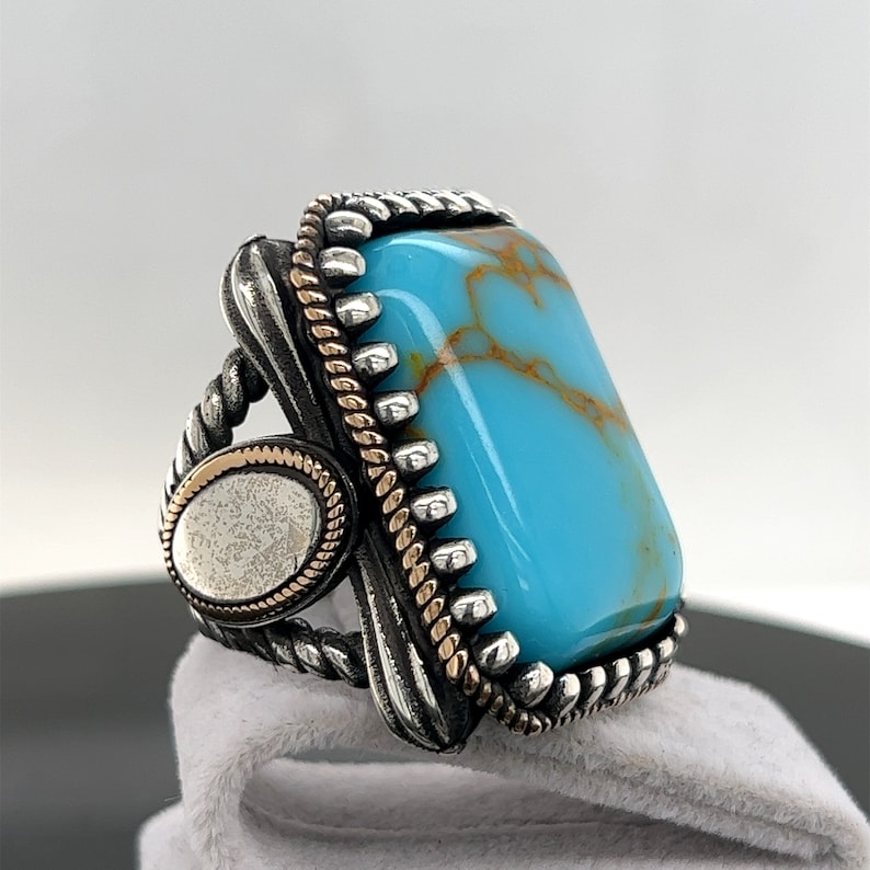Men Silver Turquoise Stone Ring , Silver Large Square Ring , Ottoman ...