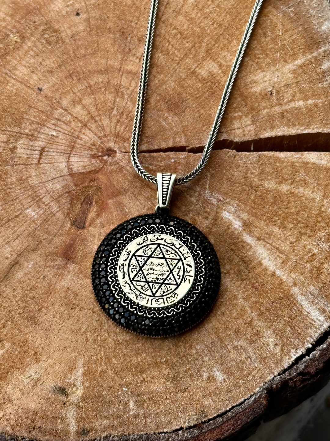 Silver Seal of Solomon Necklace , Silver David Necklace , Black Stone ...