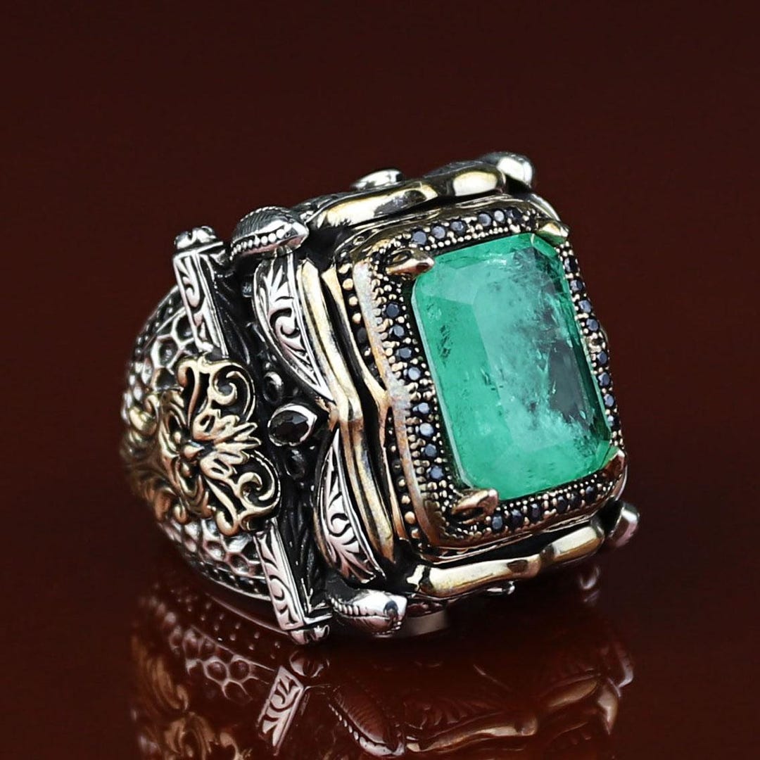 925 Men Silver Emerald Gemstone Ring, Large Emerald Handmade Ring ...