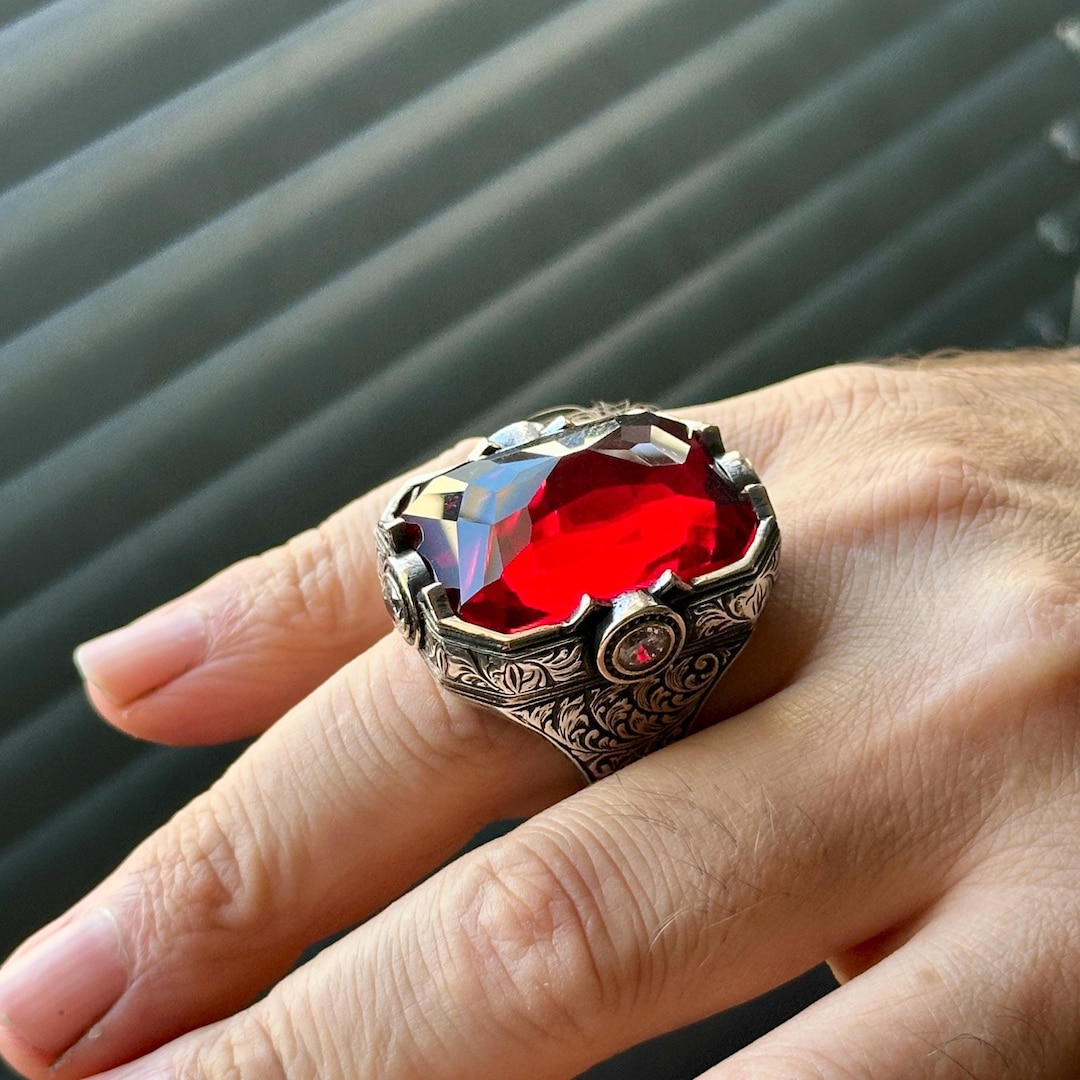 Men Silver Large Ruby Ring , Ottoman Style Big Square Ring , Big Red ...