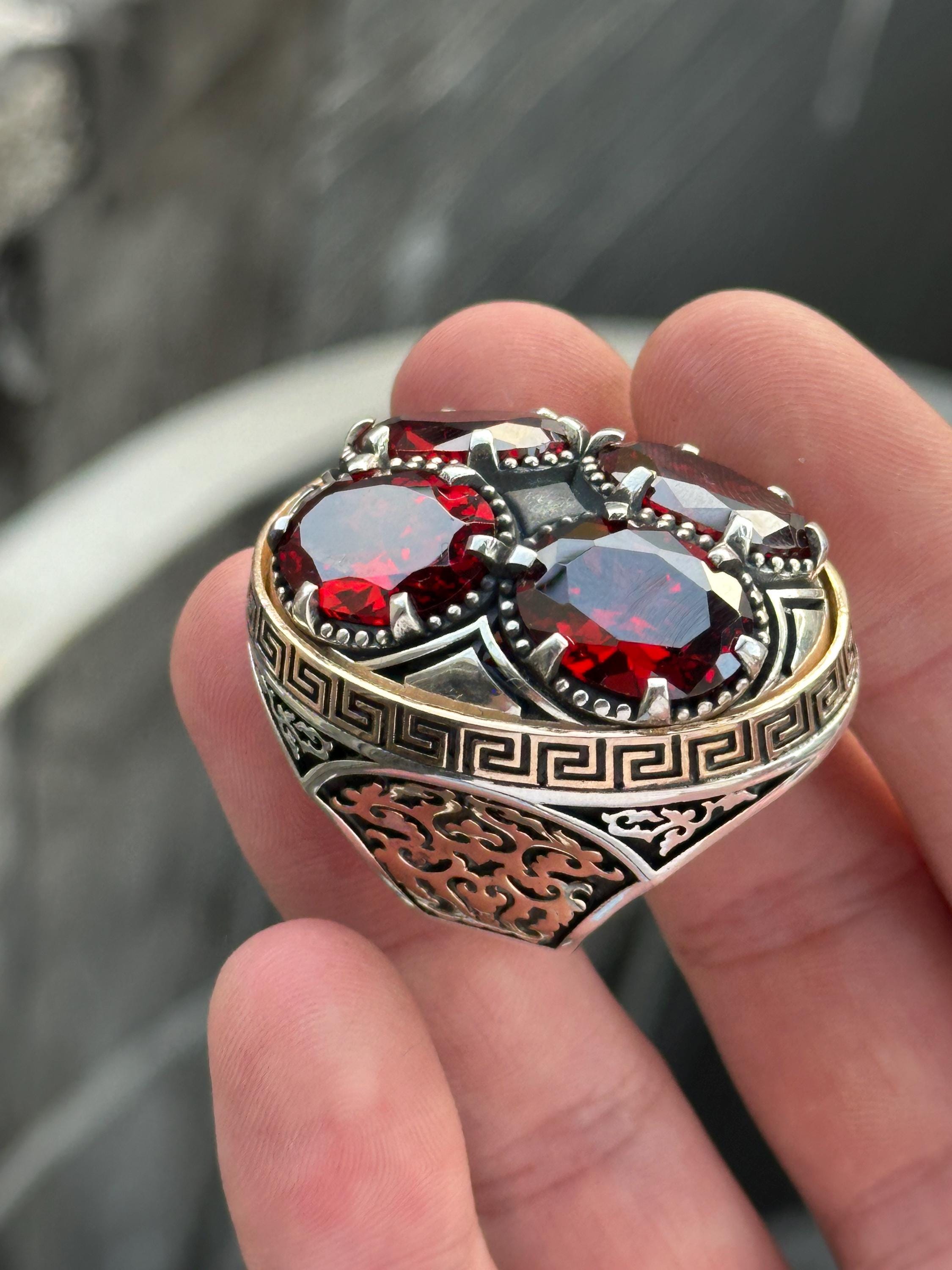 Men Silver Handmade Large Ruby Ring , Ottoman Silver Handmade Large Men ...