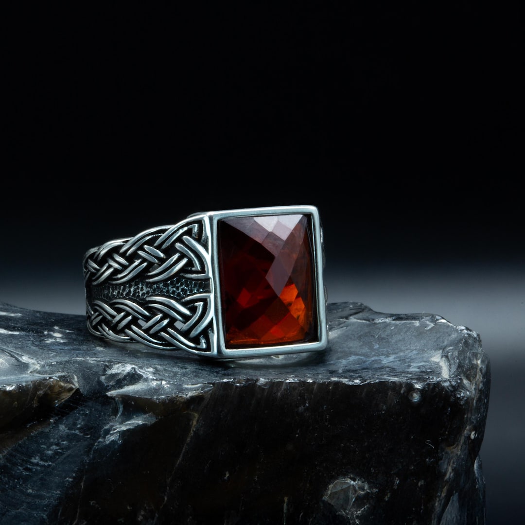 Men Silver Square Garnet Stone Ring, Minimal Red Gemstone Ring, Mens ...