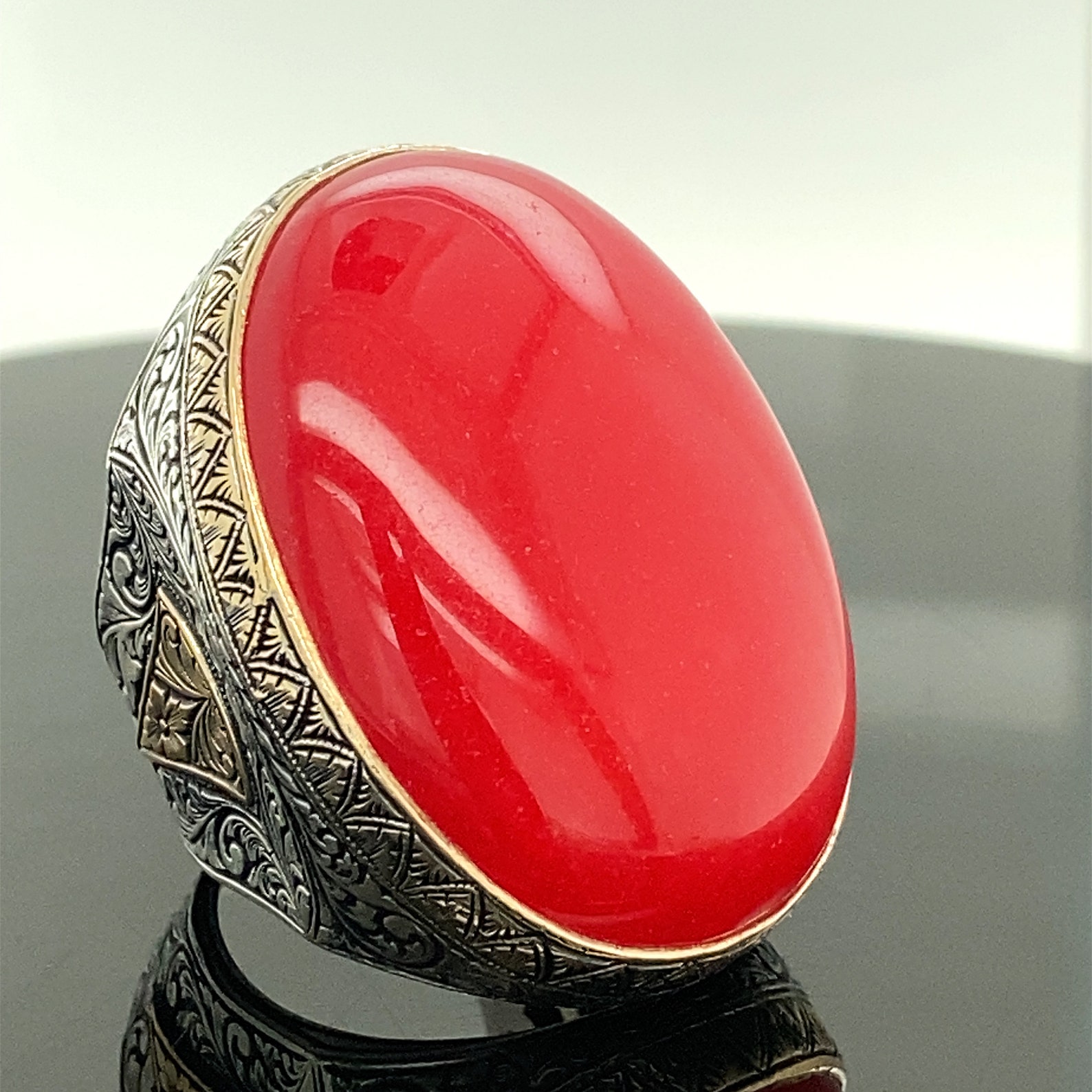 Man Red Jade Stone Ring , Silver Large Stone Ring , Ottoman Style ...