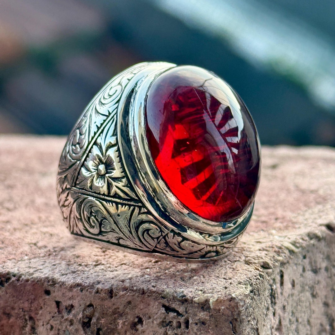 Silver Engraved Ruby Stone Ring , Men Engraved Large Ruby Band Ring ...