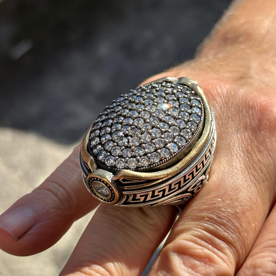 Men Handmade Large Ring, Large White Diamond Stone Ring, Silver ...