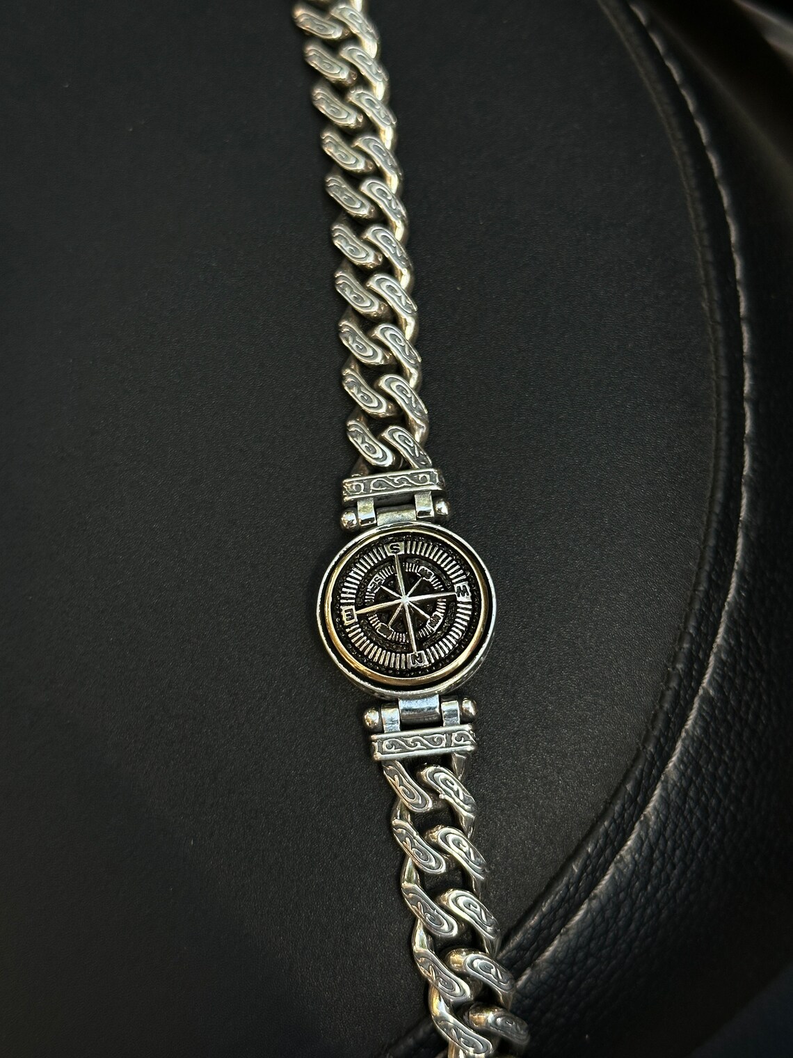 Silver 925 Curb Link Bracelet , Silver Compass Signet Bracelet , Oxide ...