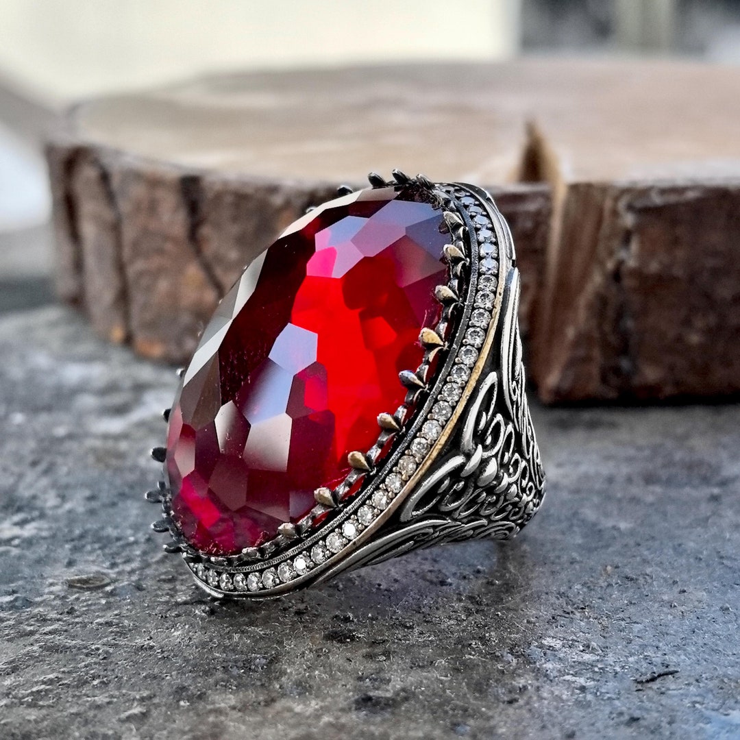 Men Silver Large Ruby Ring, Ottoman Style Large Garnet Ring, Ottoman ...