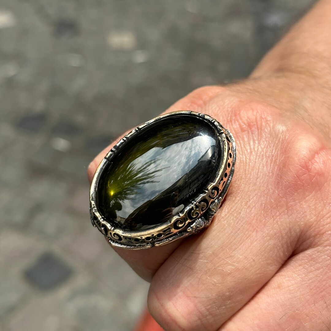 Men Handmade Ring , Large Green Stone Ring , Large Eagle Ring , Olive ...