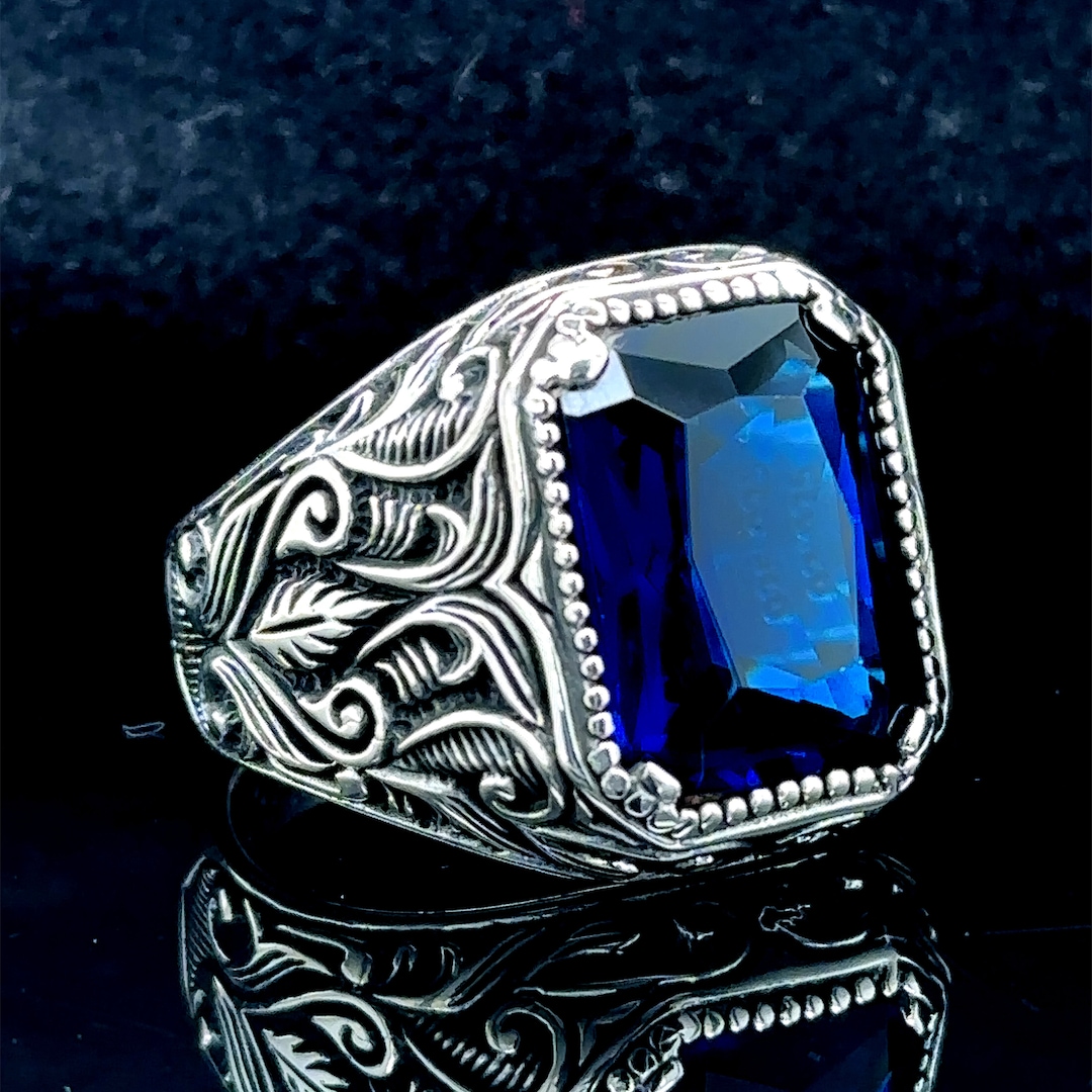 Men Silver Sapphire Blue Stone Ring , Handmade Turkısh Handmade Ring ...
