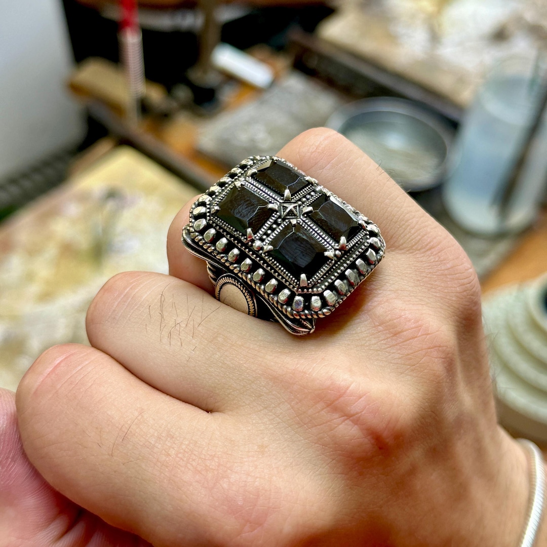 Men Silver Black Onyx Ring , Large Square Handmade Big Ring , Men ...