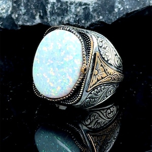 Mens Silver Opal Ring, White Opal Ring, Sterling Silver Handmade Opal ...