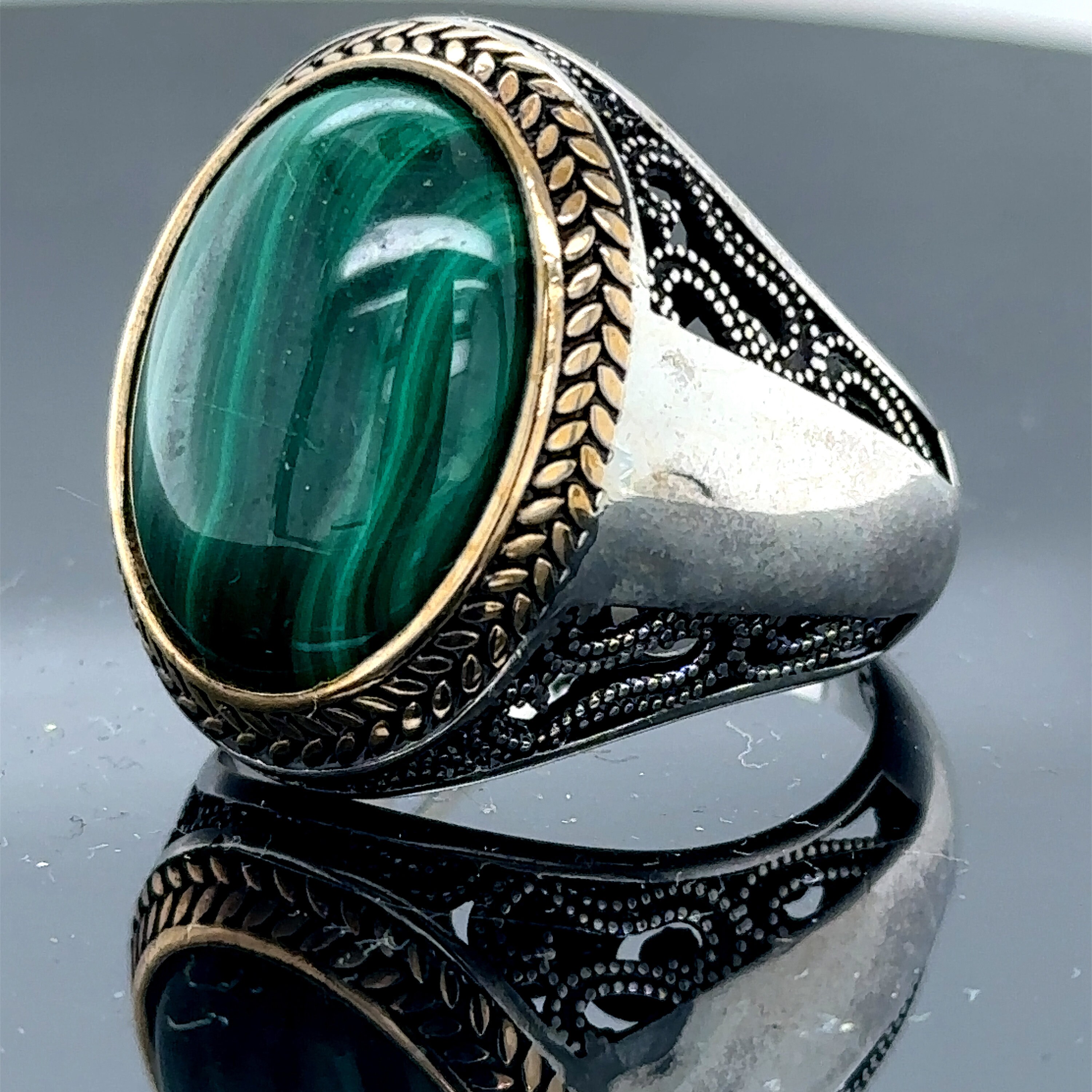 Natural Malachite Stone Ring , Silver Men Handmade Ring , Turkısh ...