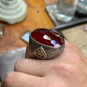 Man Silver Large Ruby Ring , Handmade Ottoman Style Large Ring , Big ...