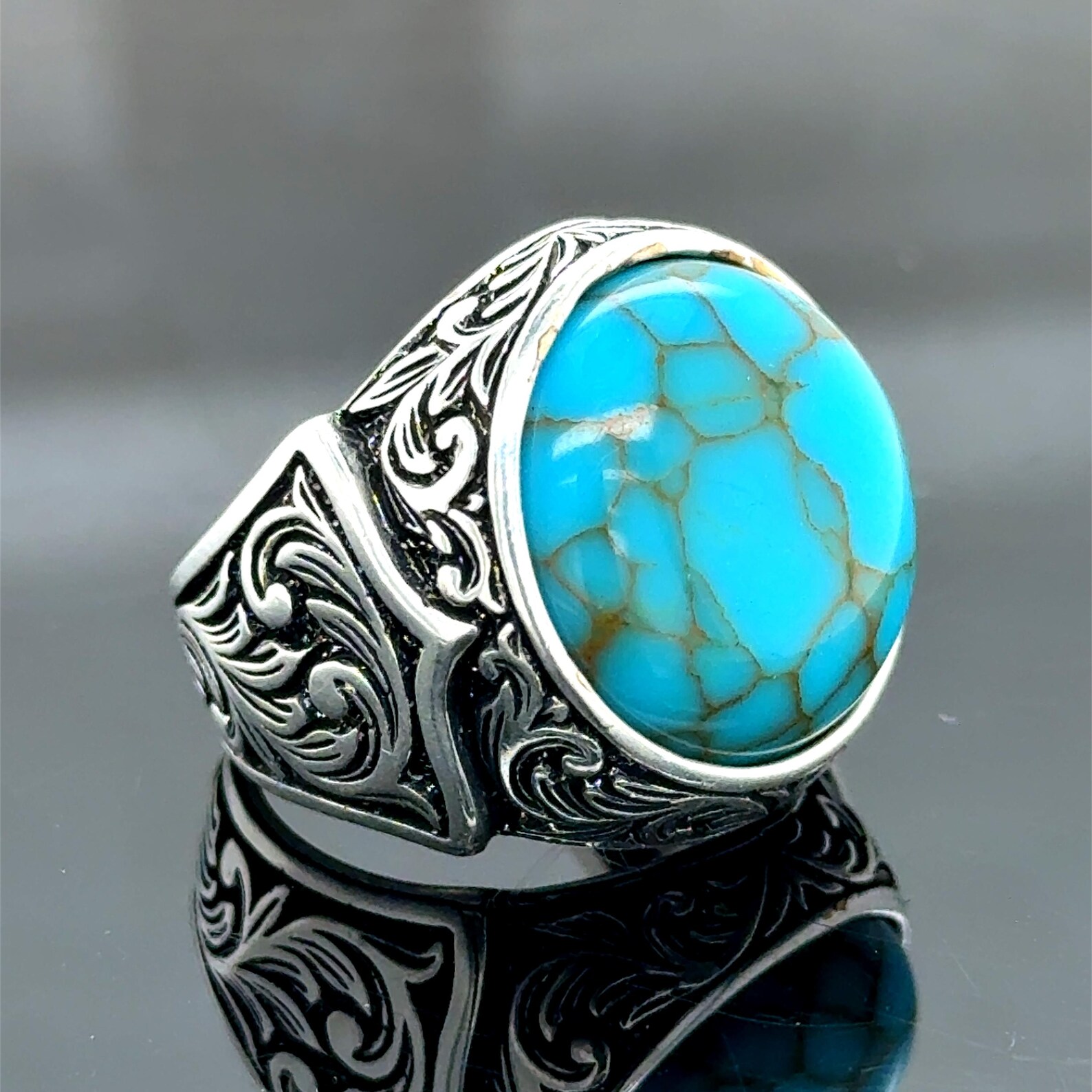 Silver Turquoise Gemstone Ring, Mens Turkish Turquoise Signet Ring ...