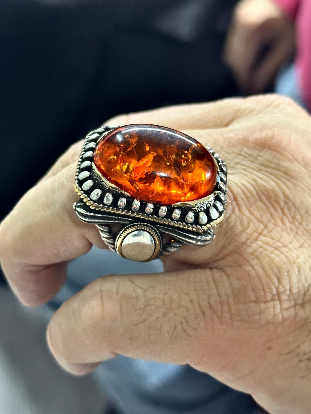 Silver Large Amber Ring , Orange Amber Ring , Large Oval Amber Ring ...