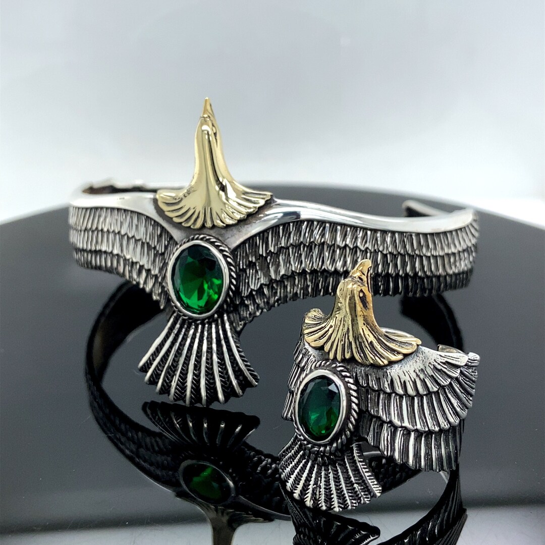 Silver Eagle Bracelet and Eagle Ring , Emerald Stone Eagle Ring and ...
