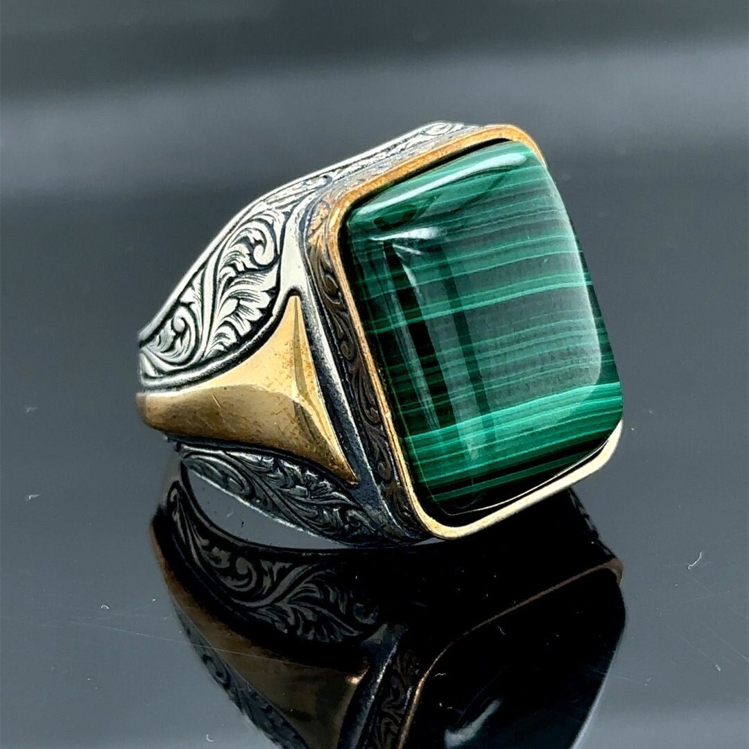 Silver Malachite Stone Ring , Men Natural Malachite Ring , Ottoman ...