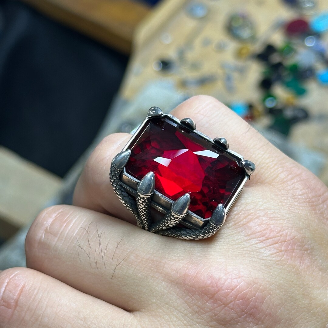 Silver Large Ruby Ring , Large Claw Red Stone Ring , Zircon Stone Ring ...