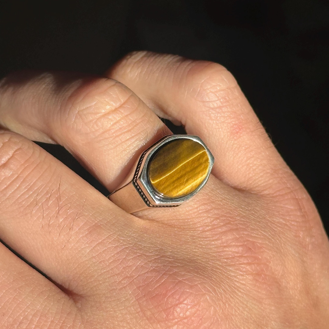 Mens Silver Tiger's Eye Stone Ring, Brown Tiger Eye Ring, Oval Tiger ...