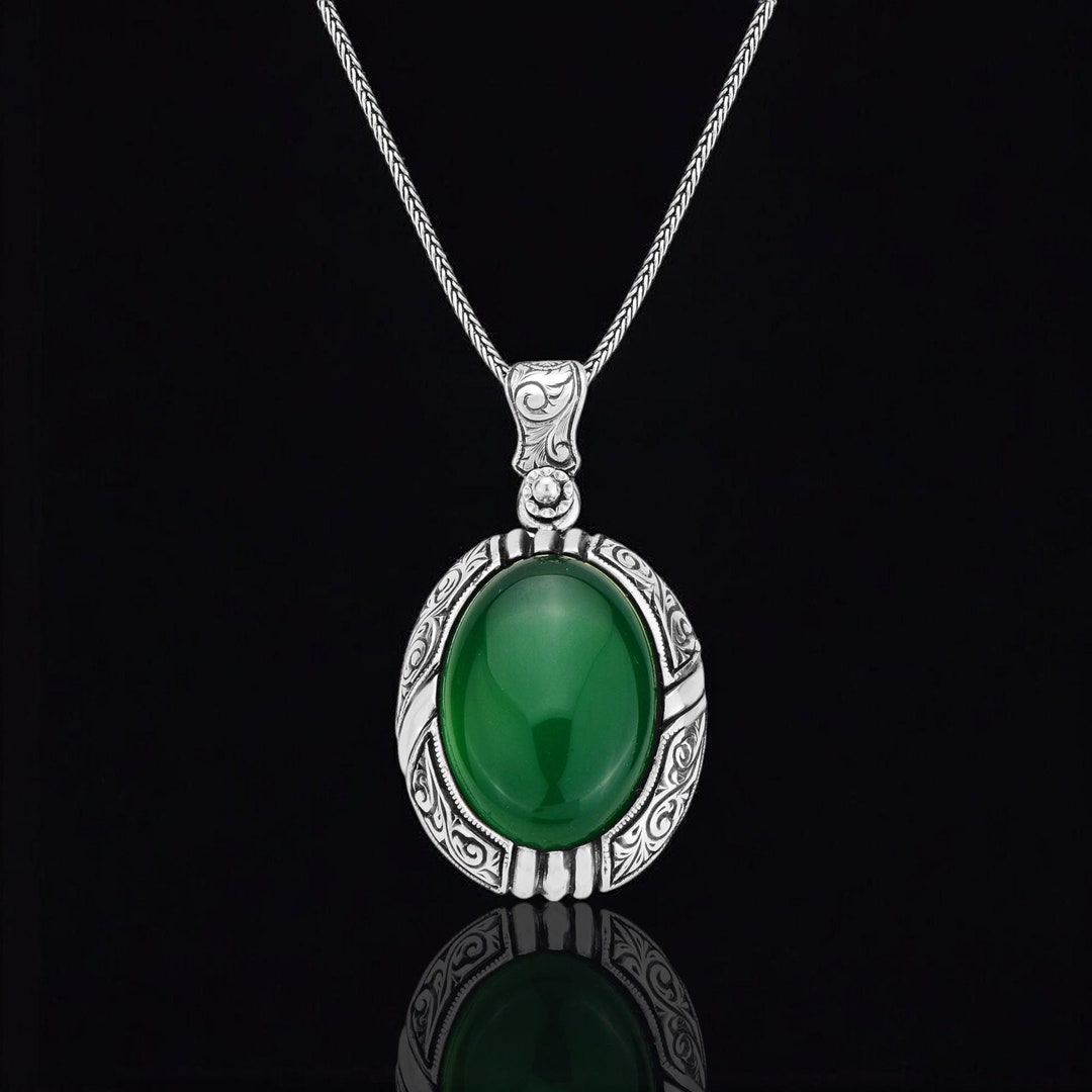 Silver Jade Necklace, Silver Engraved Jade Pendant, Gemstone Necklace ...