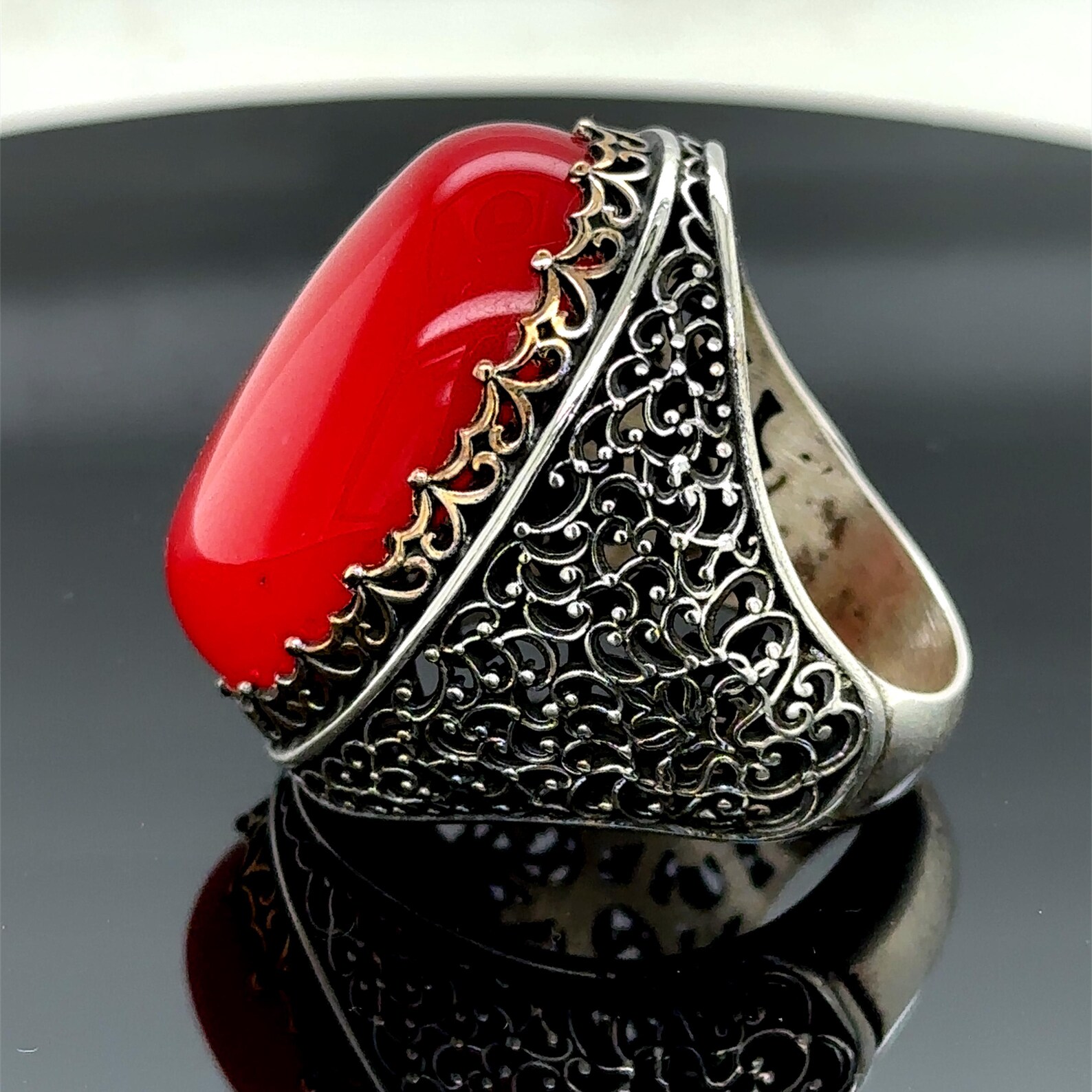 Men Silver Red Jade Stone Ring, Natural Jade Ring, Ottoman Style ...