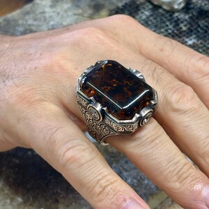 925 Silver Large Square Ring, Amber Stone Ring , Baltic Amber Ring ...