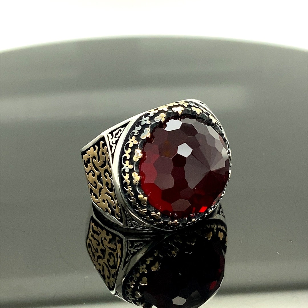 Silver Handmade Ring , Round Ruby Stone Silver Ring , Ottoman Style Silver Ring , 925k Sterling ...