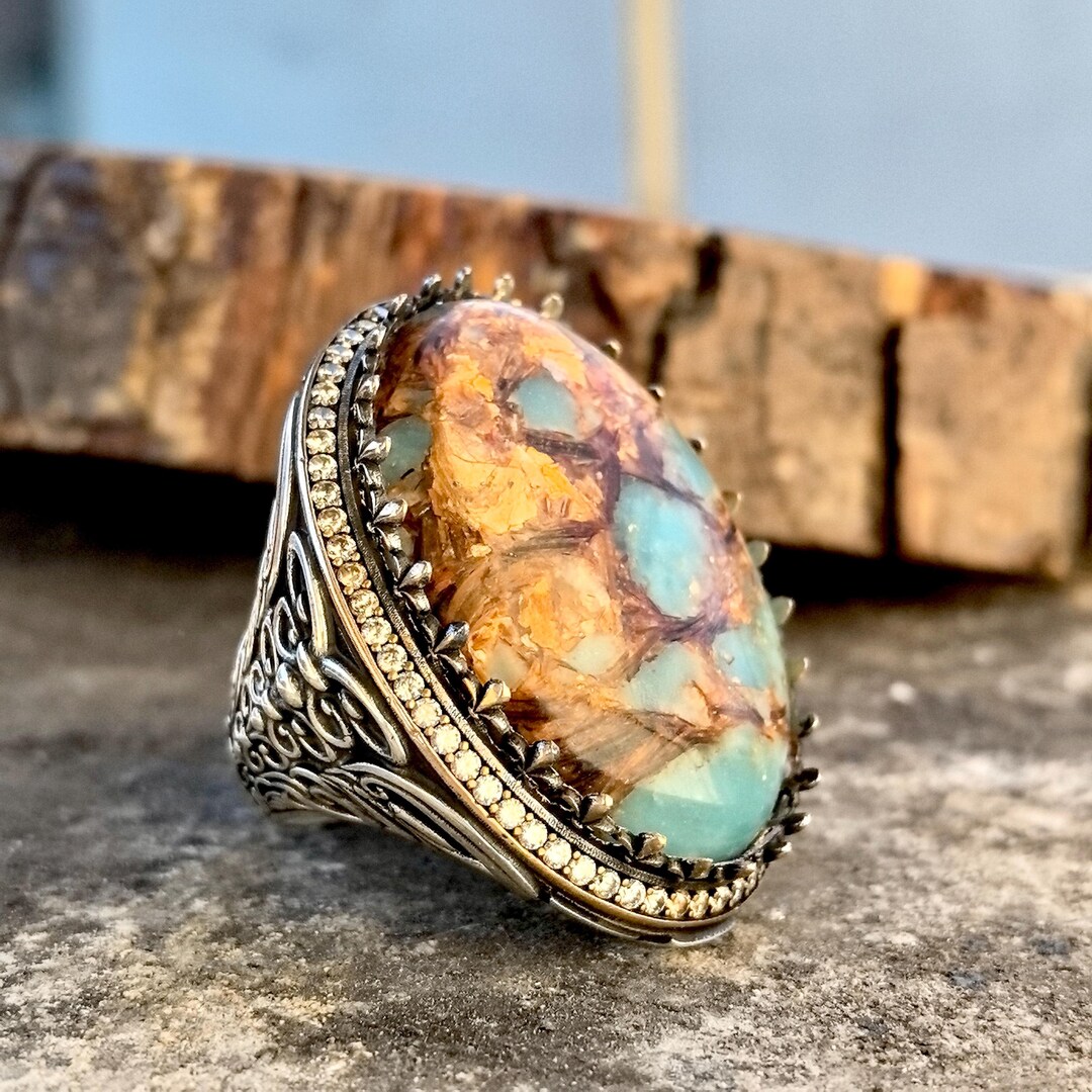 Handmade Men Natural Turquoise Ring , Blue Large Turquoise Ring , Oval ...