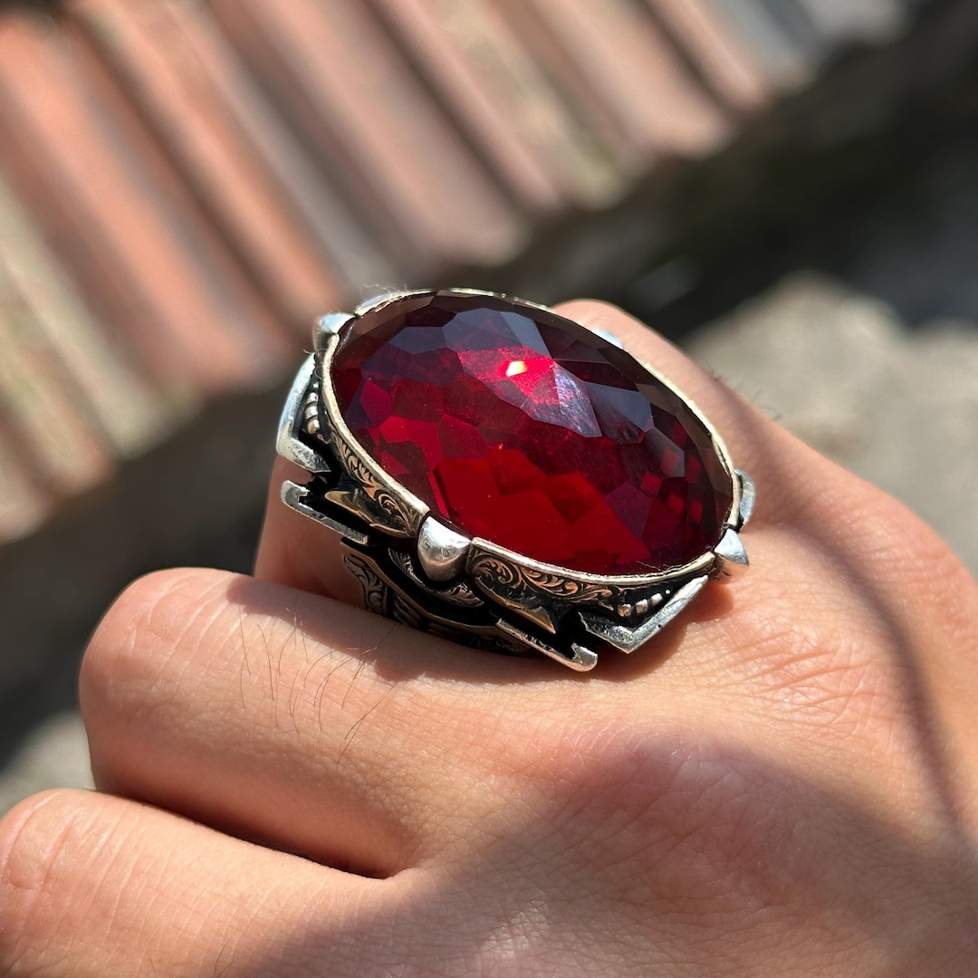 Man Silver Handmade Large Ruby Ring , Ottoman Style Oval Ring , Big Red ...